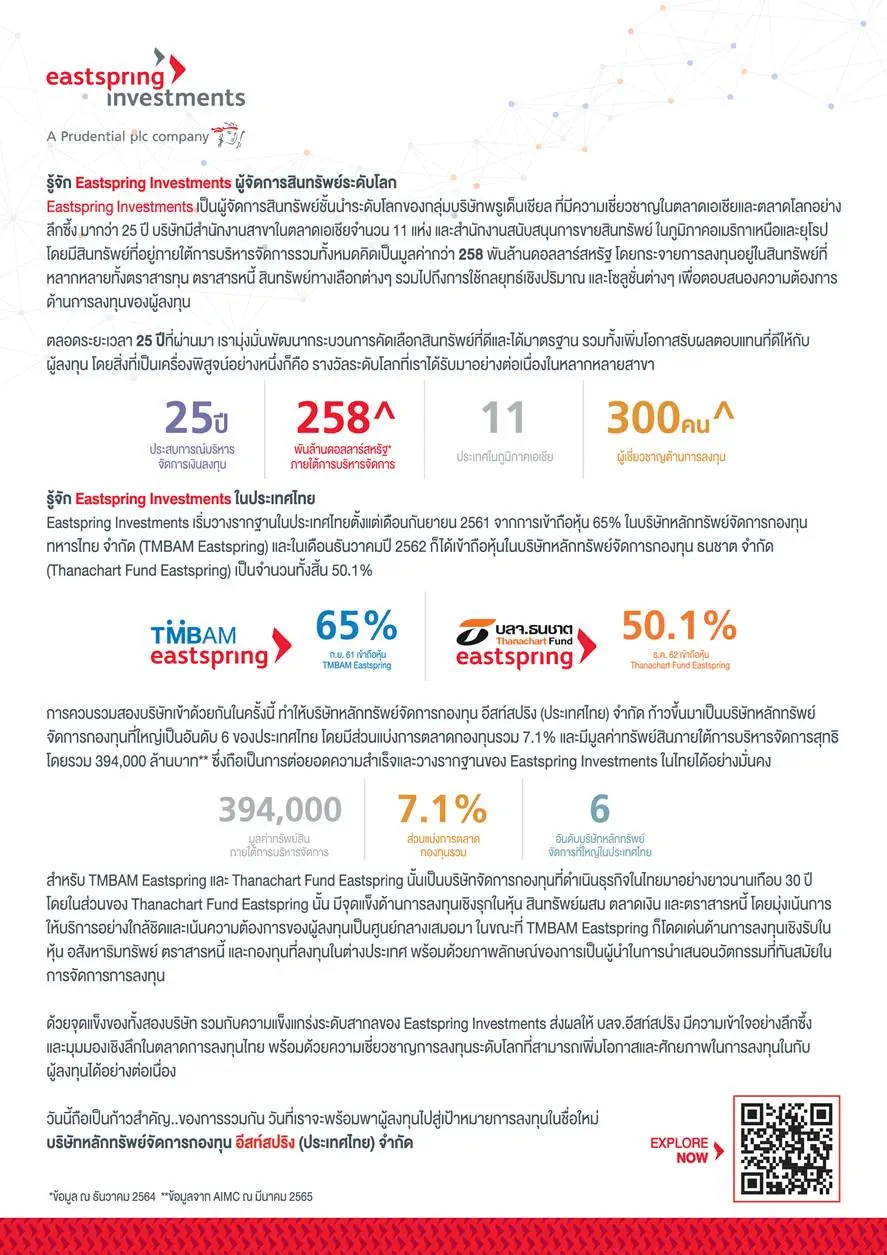 TMBAM Eastspring : ขอแจ้งรายละเอียดการควบรวม บลจ.ทหารไทย และ บลจ.ธนชาต เป็น บริษัทหลักทรัพย์ ...